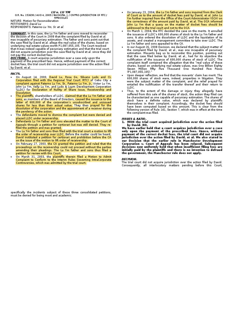 Lu V. Lu Ym: SUMMARY. in This Case, The Lu Ym Father and Sons Moved To Reconsider | PDF ...