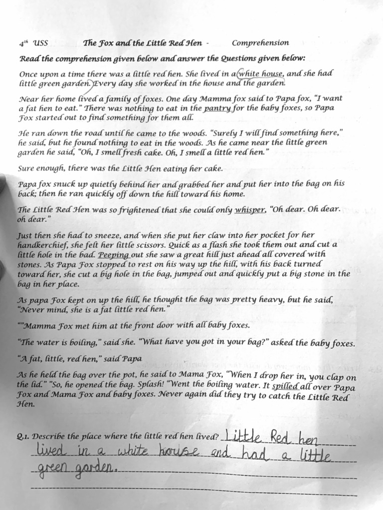 The Fox & The Little Red Hen Comprehension PDF | PDF