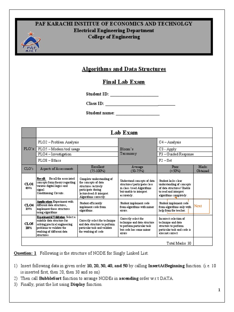 Algorithms and Data Structures Final Lab Exam | PDF | Algorithms | Data