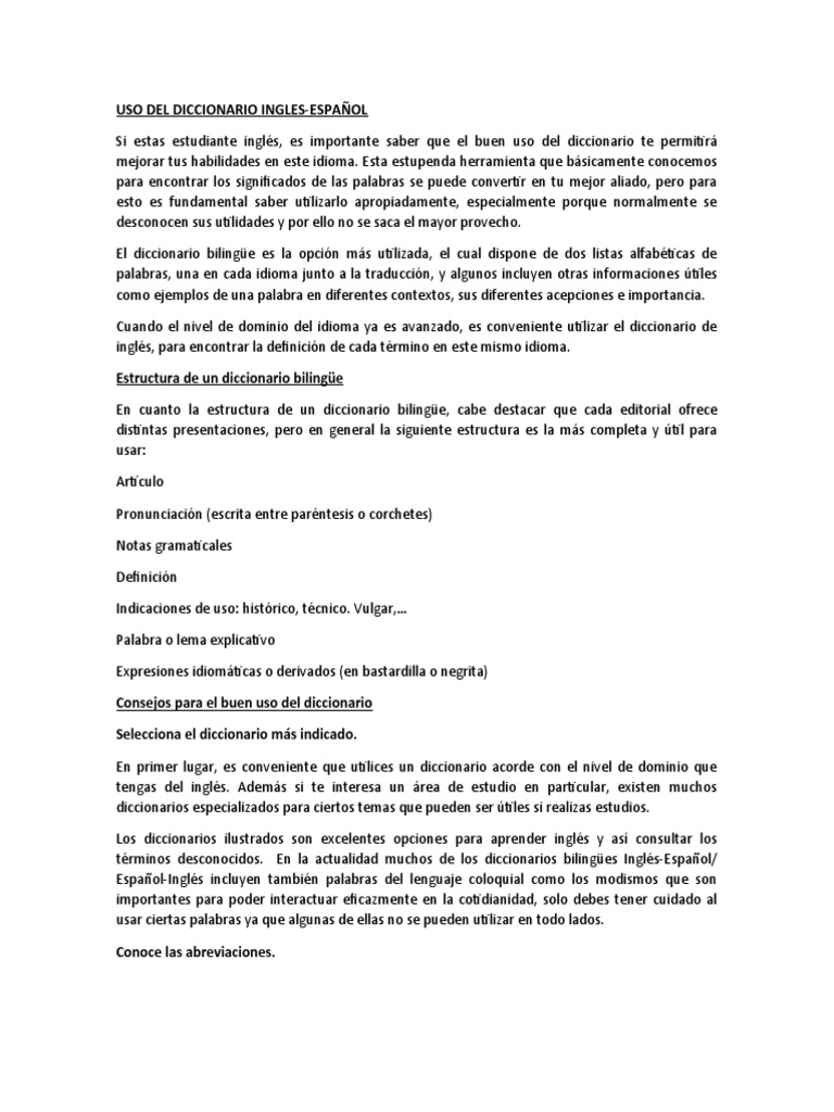USO DEL DICCIONARIO INGLES - Español | PDF | Diccionario | Verbo