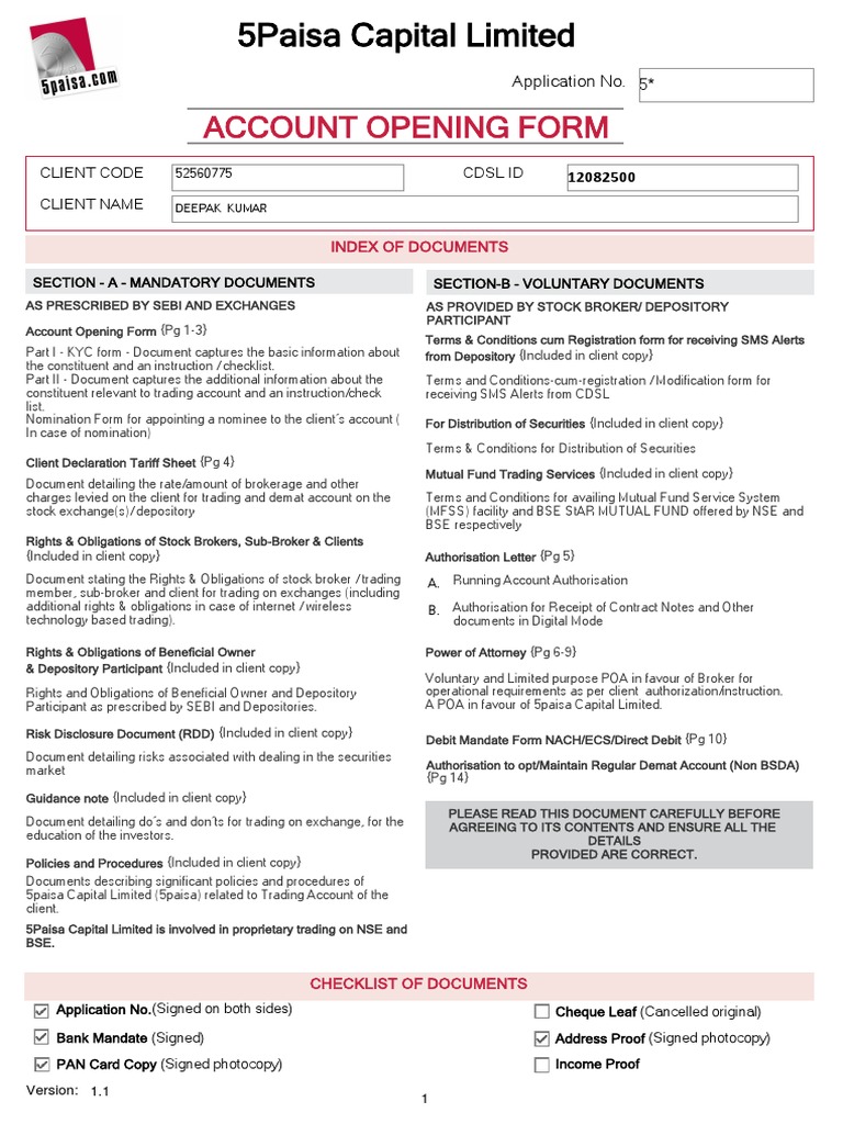 5paisa Capital Limited: Account Opening Form | PDF | Securities ...