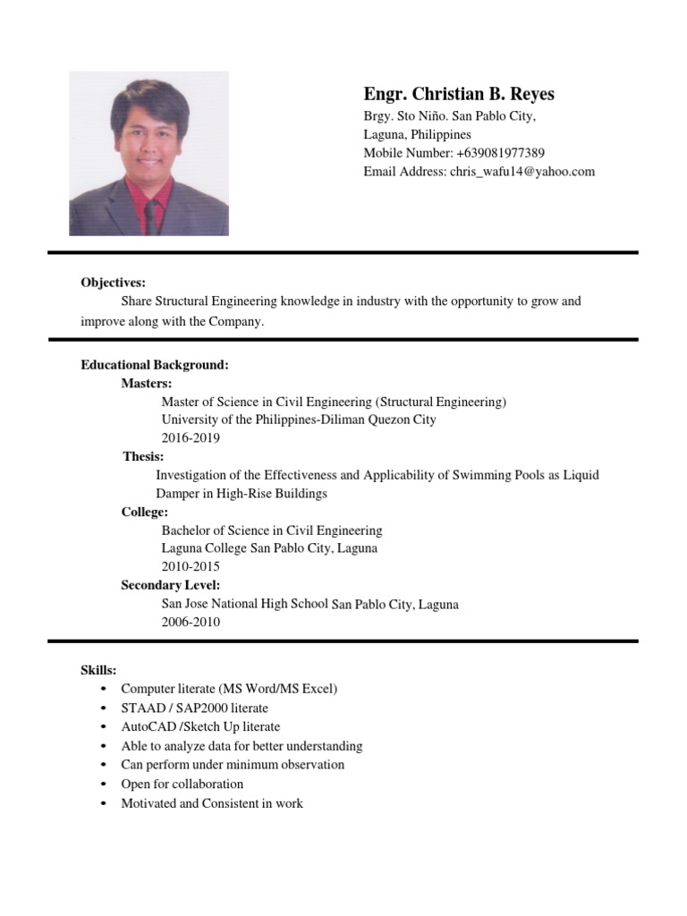 CV - Reyes Christian B. (Philippines) 2019 | PDF | Academia | Science