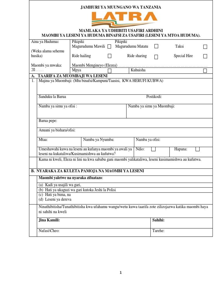 Fomu Ya Maombi Ya Leseni Ya Huduma Binafsi Za Usafiri | PDF