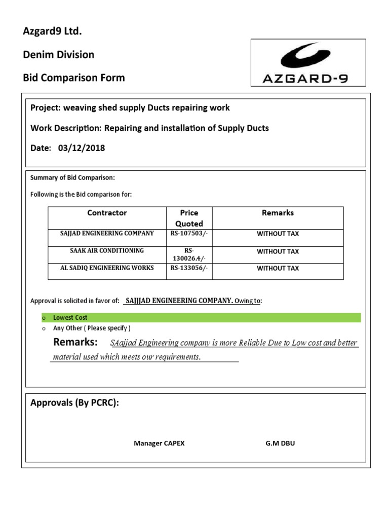 Azgard9 Ltd. Denim Division Bid Comparison Form | PDF