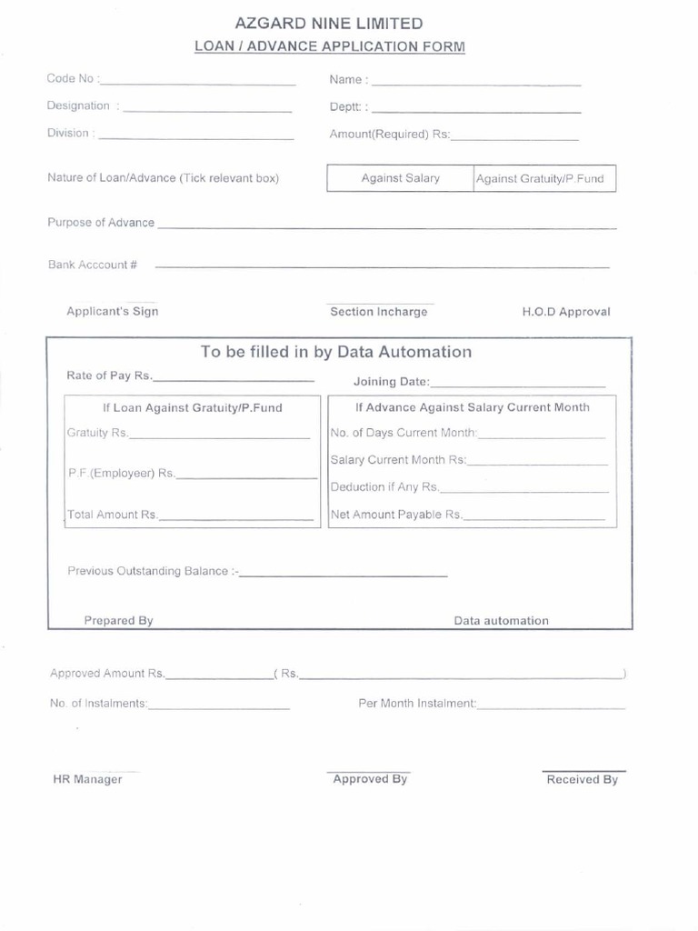 To Be Filled in by Data Automation: Loan I Advance Application Form | PDF