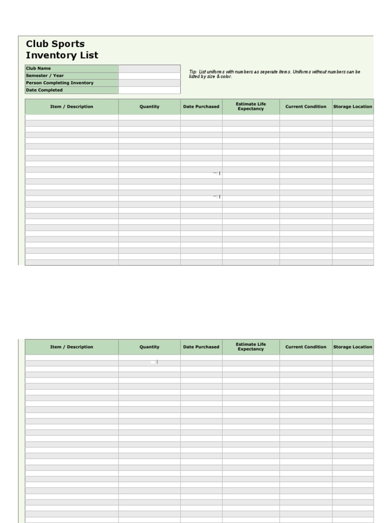 Club Sports Inventory List: Club Name Semester / Year Person Completing ...