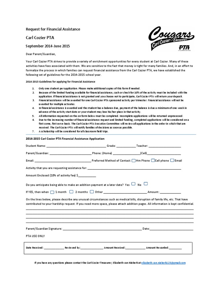 Carl Cozier PTA Financial Aid Request | PDF | Business