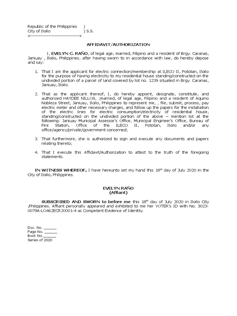 Affidavit/Authorization: Doc. No. - Page No. - Book No. - Series of ...