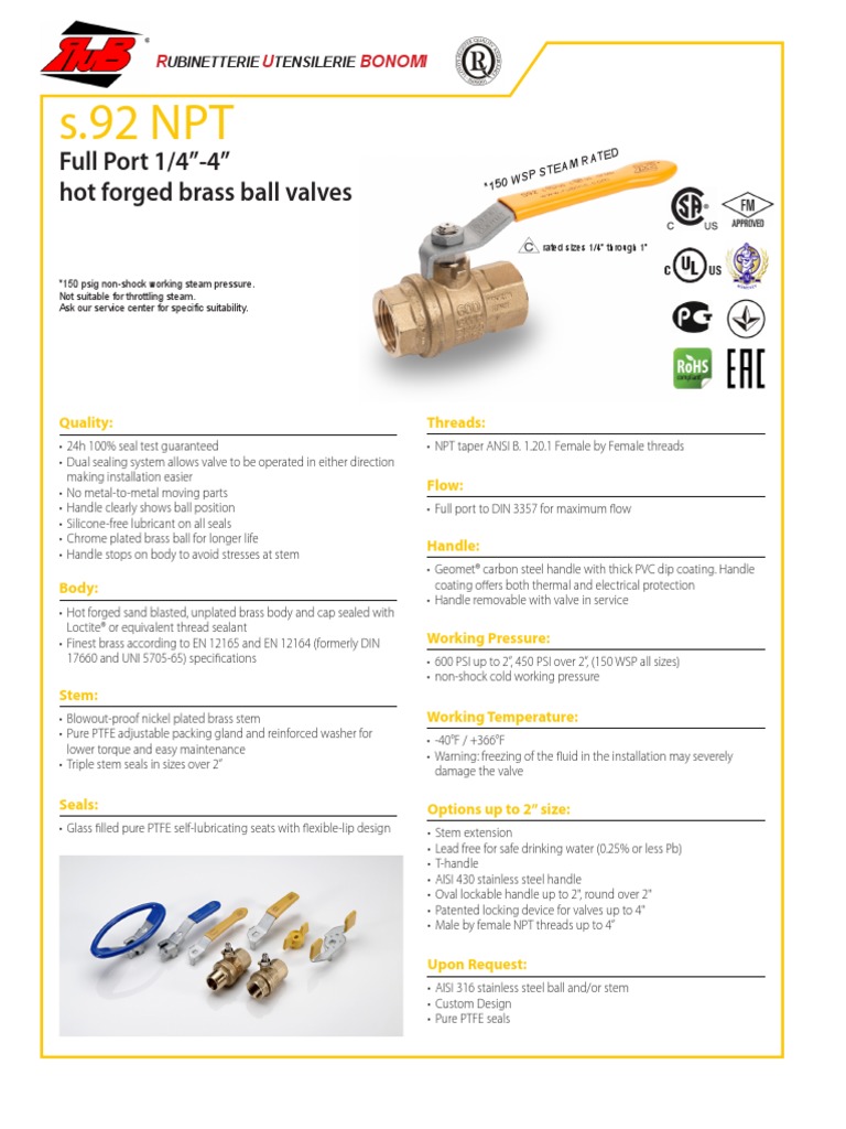S92 Brass Ball Valve | PDF | Valve | Mechanical Engineering