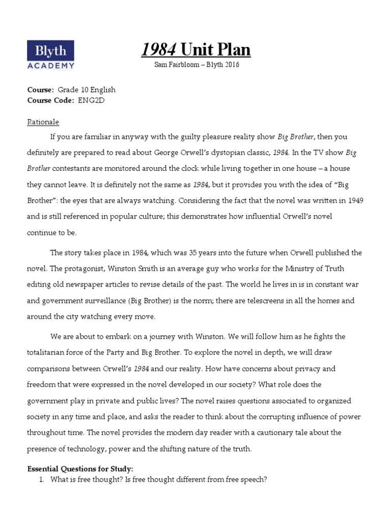 1984 Unit Plan: Course: Grade 10 English Course Code: ENG2D | Download ...