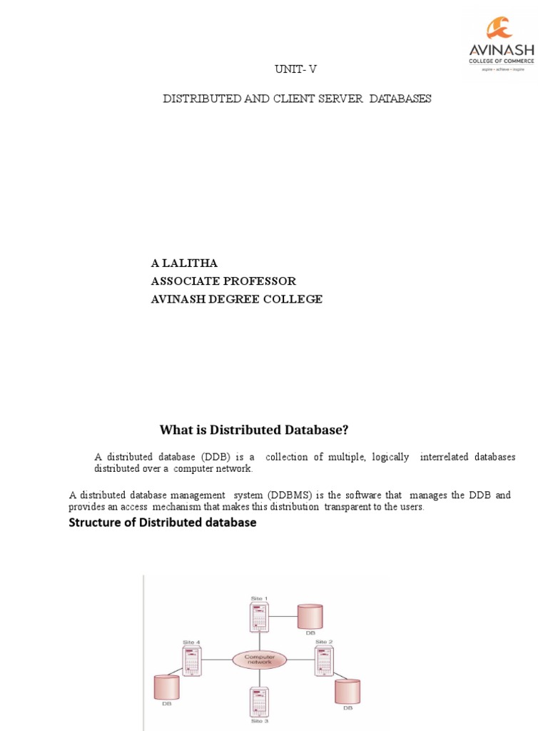 Unit-V Distributed and Client Server Databases: A Lalitha Associate Professor Avinash Degree ...