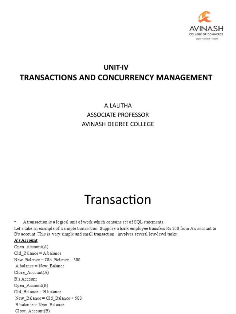 Transactions And Concurrency Management Unit Iv Pdf Database Transaction Databases