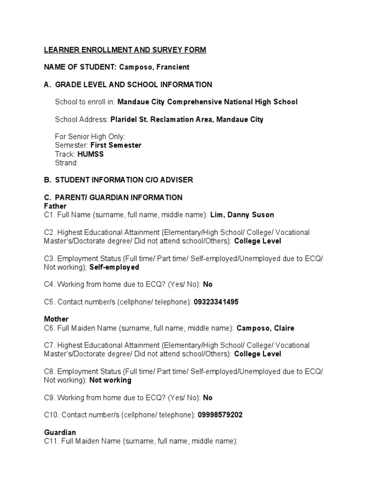 Learner Enrollment and Survey Form NAME OF STUDENT: Camposo, Francient ...