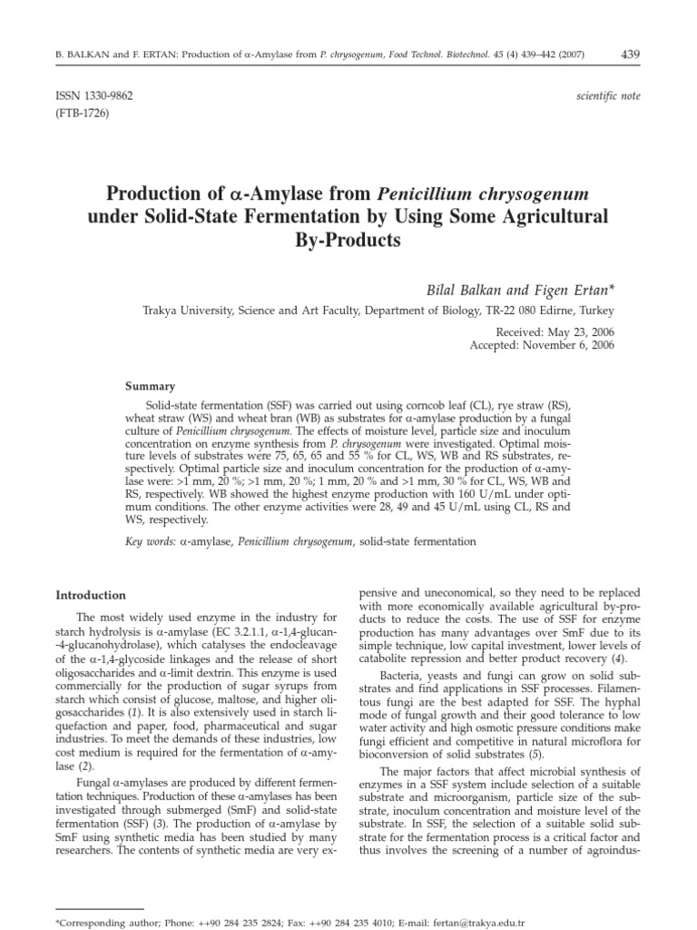 Production of A-Amylase From Penicillium Chrysogenum Under Solid-State Fermentation by Using ...