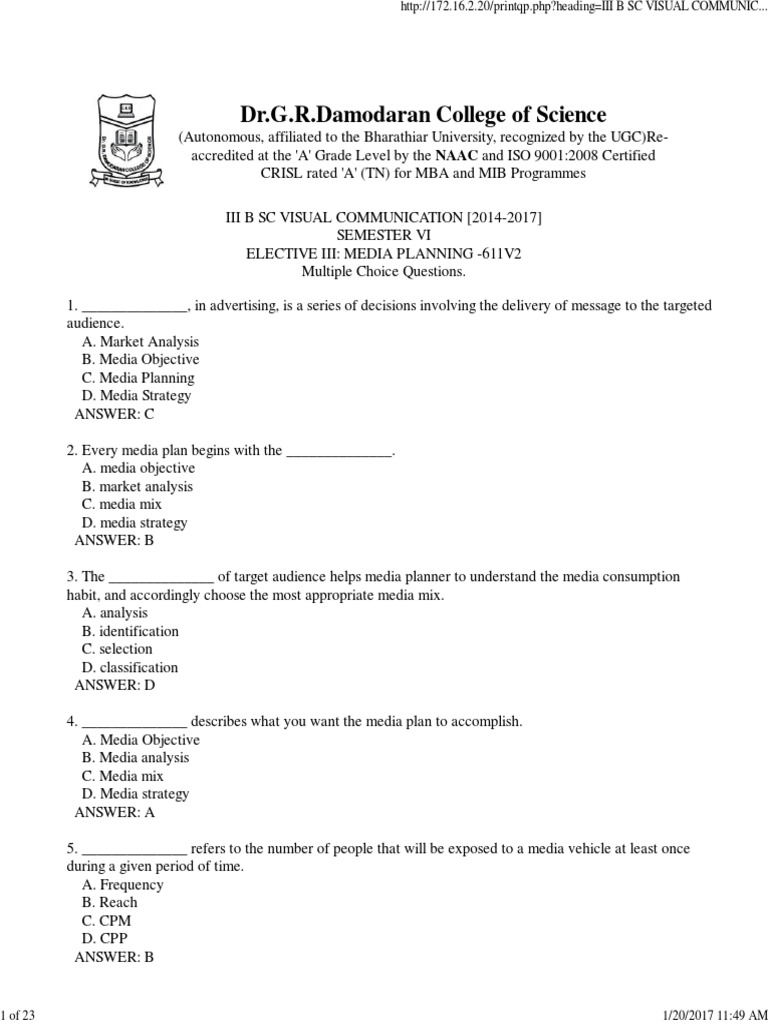 III B SC VISUAL COMMUNICATION SEMESTER VI ELECTIVE III - MEDIA PLANNING - 611V2 Multiple Choice ...