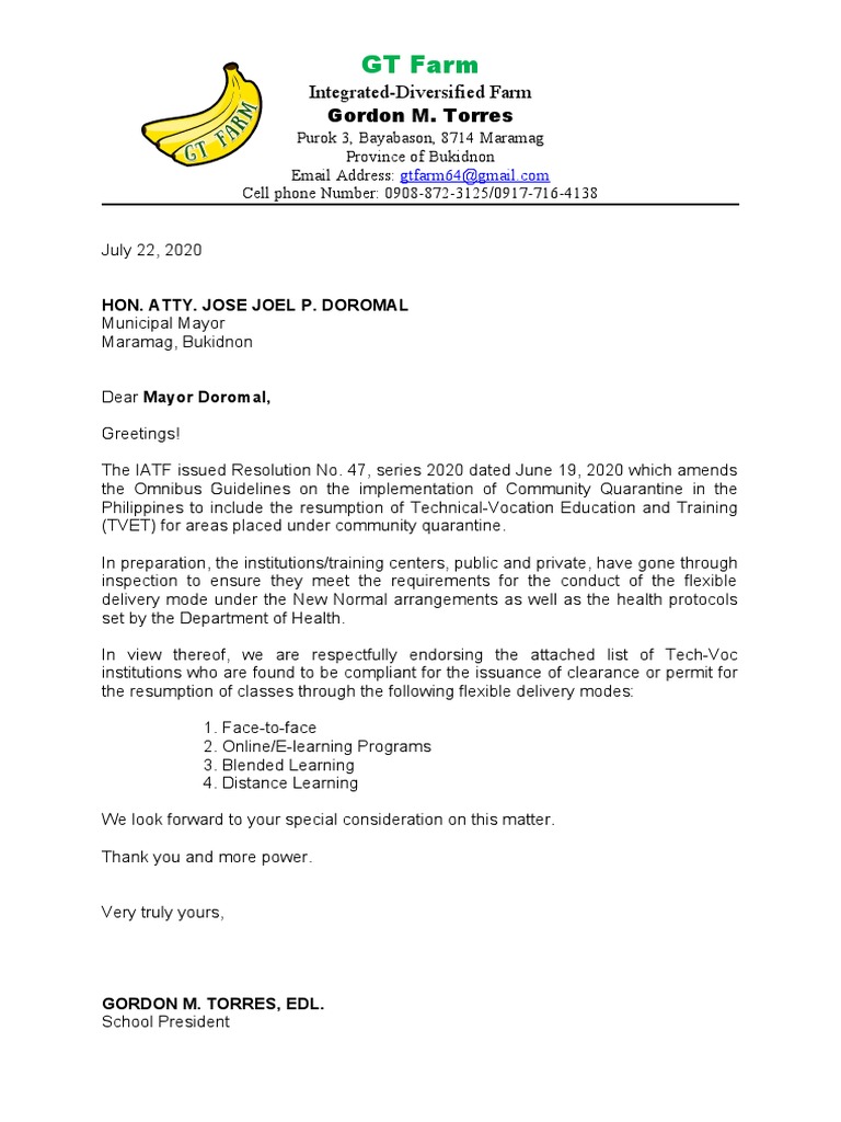 Letter For The Municipal Mayor | PDF