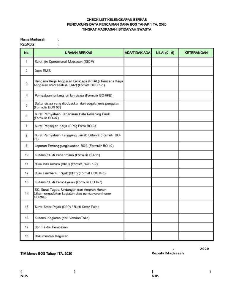 Lembar Ceklist Monev BOS 2020 | PDF