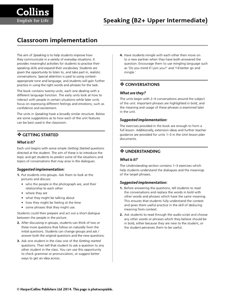 Speaking (B2+ Upper Intermediate) Classroom Implementation: English For Life | PDF | Question ...