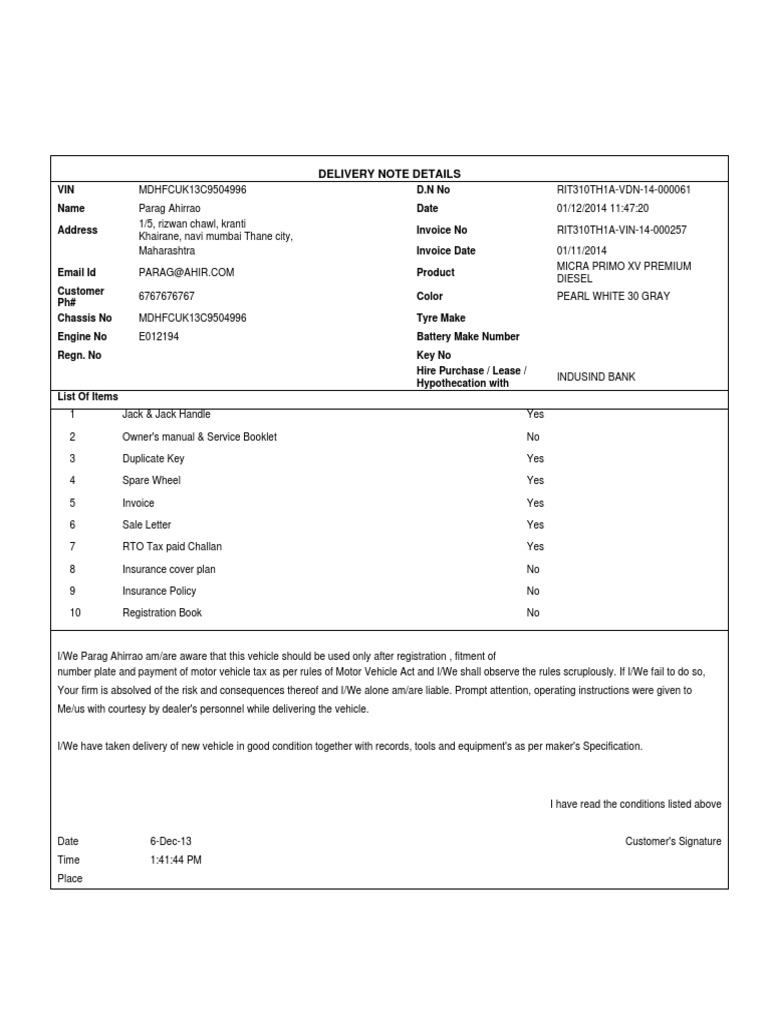 Delivery Acknowledgement Note | PDF | Vehicles | Transport