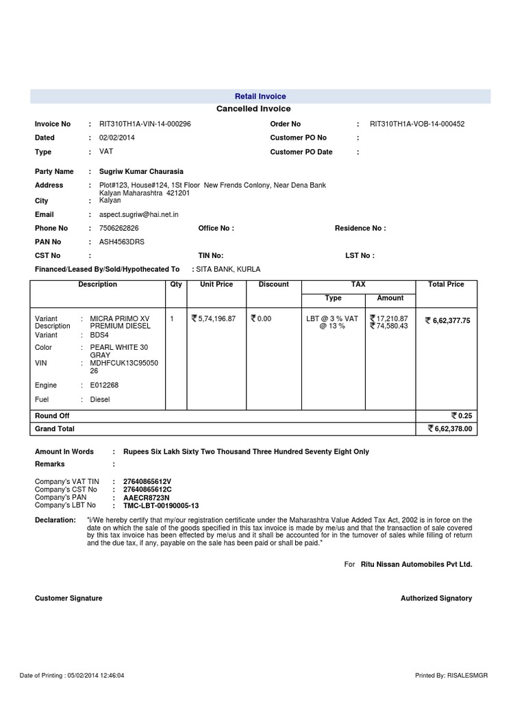 Cancelled Sales Invoice | PDF | Invoice | Value Added Tax