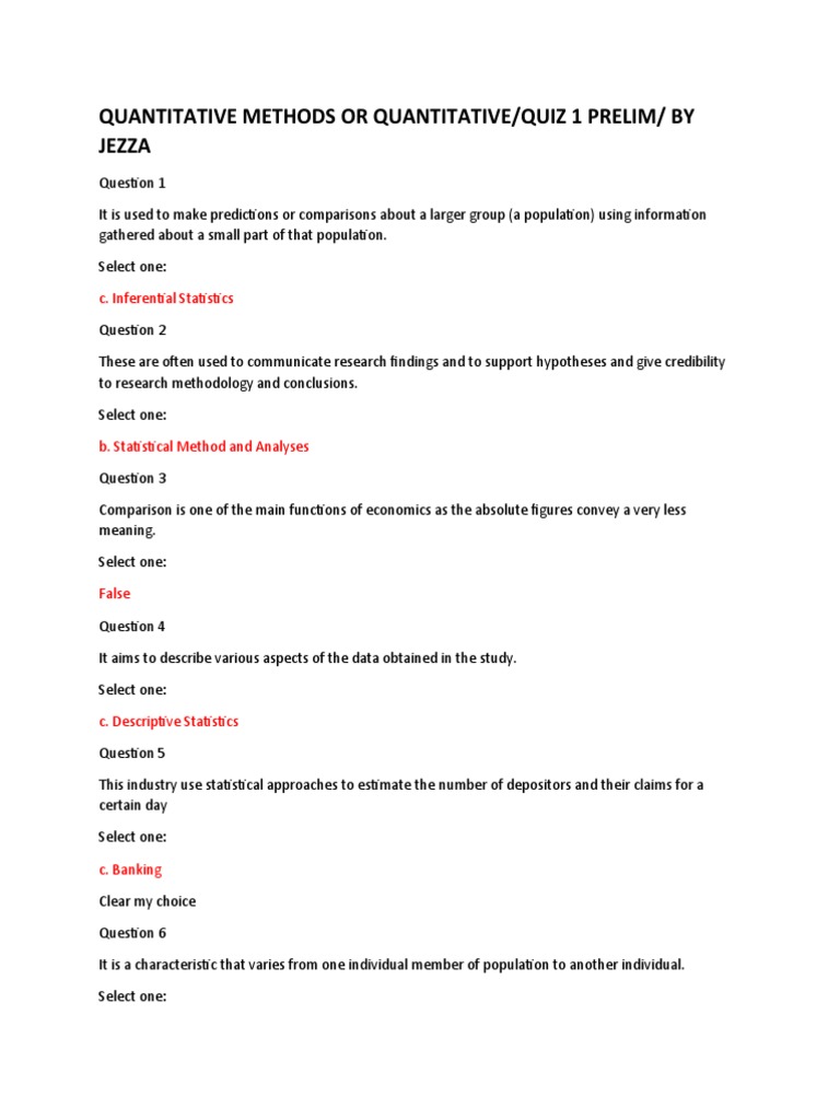 Quantitative Methods or Quantitative Quiz 1 Prelim by Jezza | PDF | Mean | Mode (Statistics)