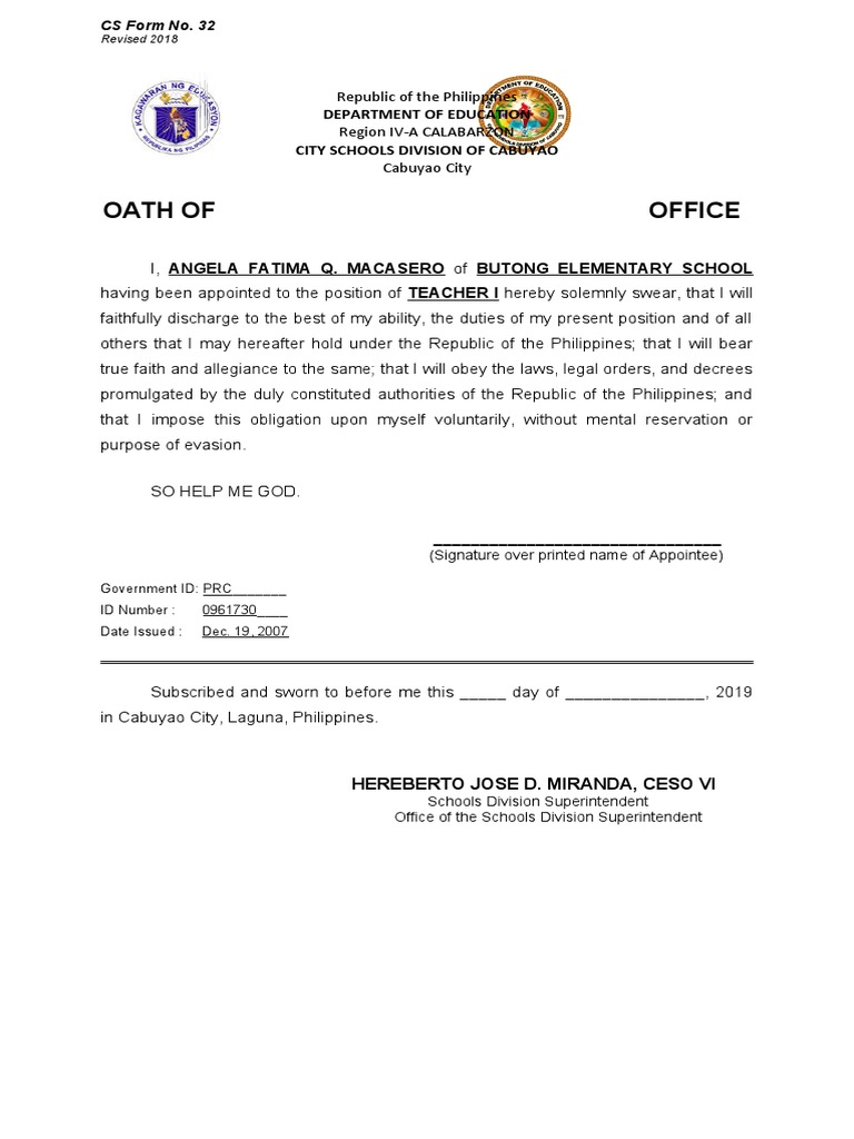 CS Form No. 32 Oath of Office 1 | PDF
