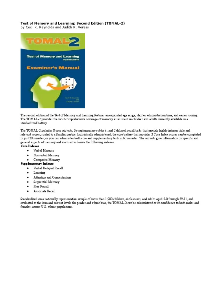 Test of Memory and Learning: Second Edition (TOMAL-2) | PDF