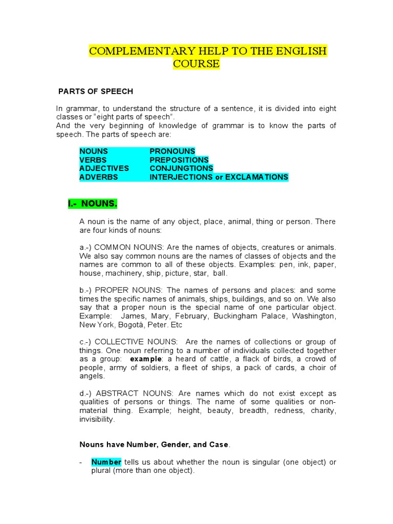 Complementary Help To The English Course | PDF | Pronoun | Grammatical ...