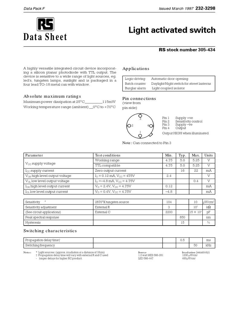 Data Sheet: Light Activated Switch | PDF | Electrical Engineering ...