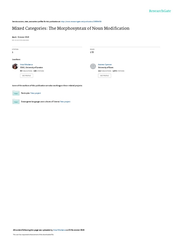 Spencer Et Al 2019 Mixed Categories - The Morphosyntax of Noun ...