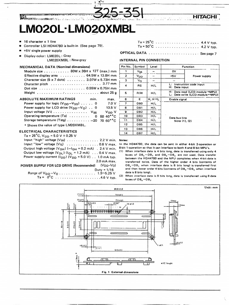 Hitachi LM020L - LM020XMBL Data Sheet | PDF