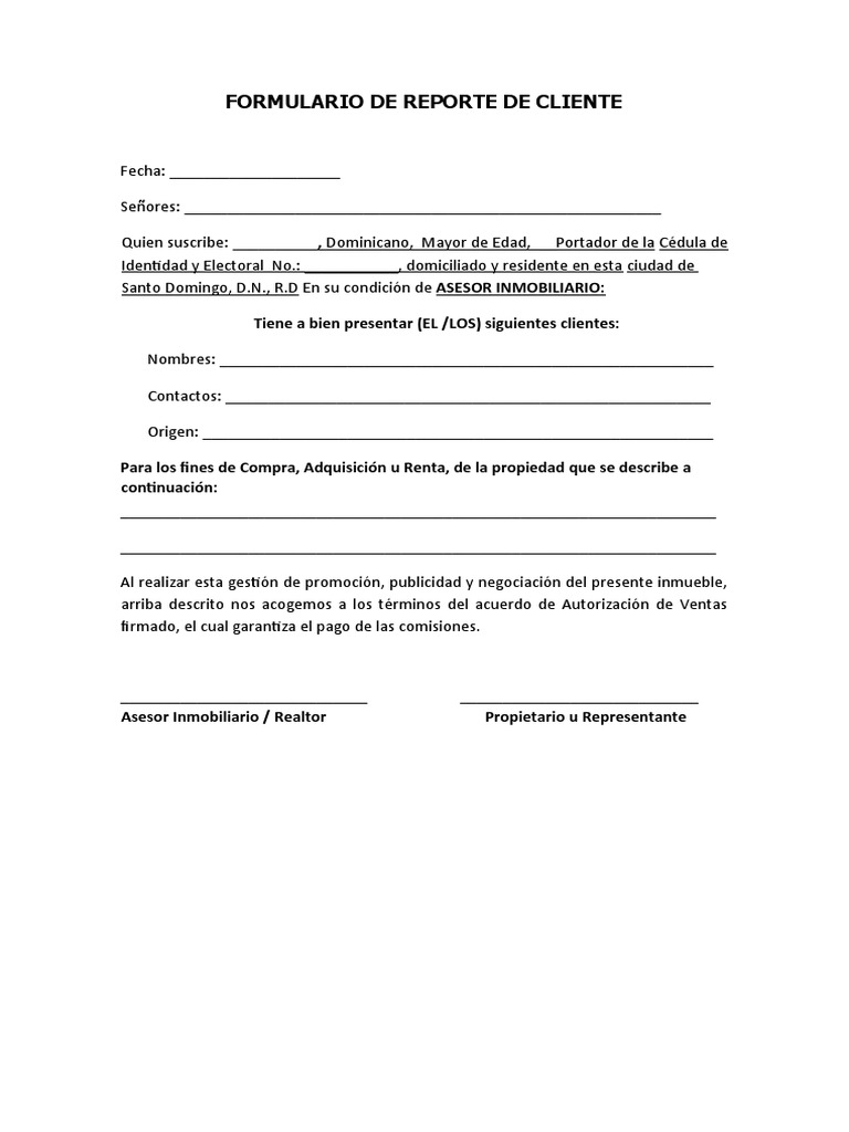 FORMULARIO DE REPORTE DE CLIENTE - Modelo - X | PDF