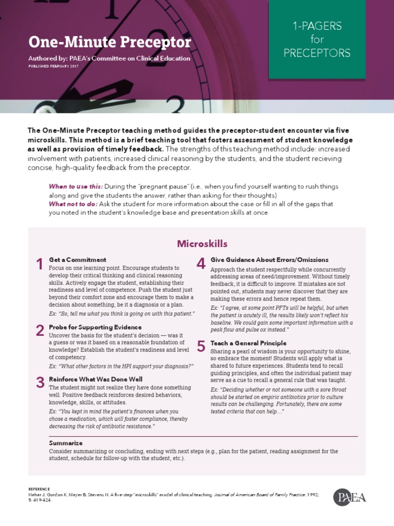 One-Minute Preceptor: 1-Pagers For Preceptors | PDF | Teaching Method ...