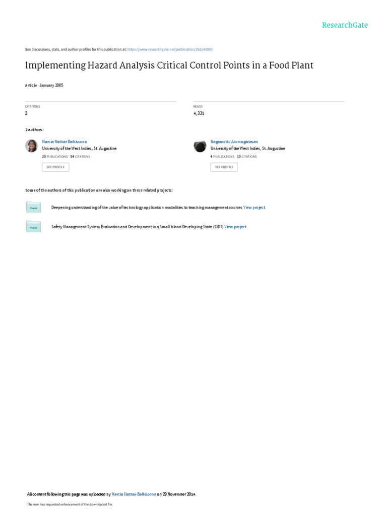 Implementing Hazard Analysis Critical Control Points in A Food Plant ...