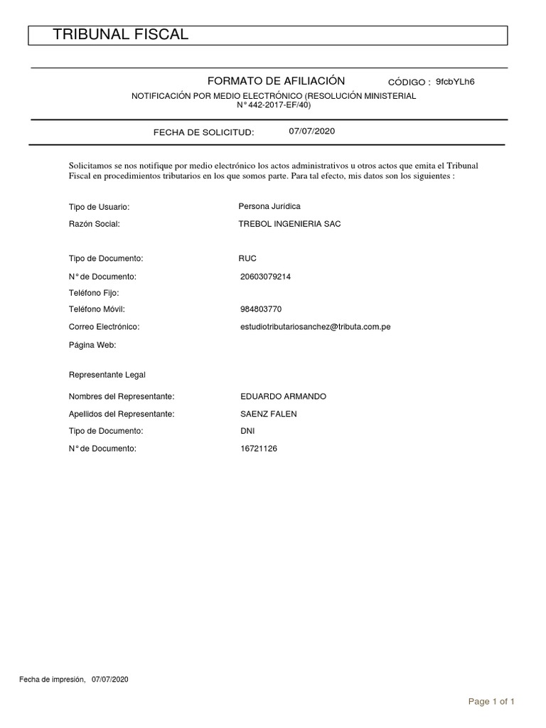 Formato de Afiliacion Tribunal Fiscal | PDF