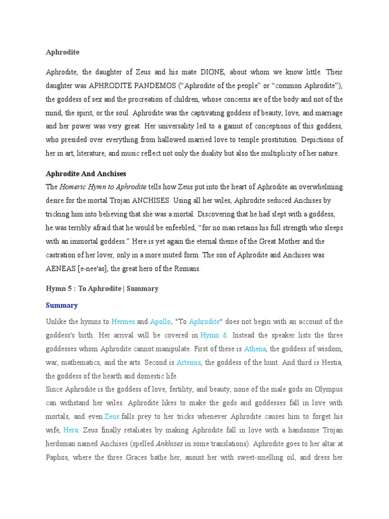 Hymn To Aphrodite. Summary | PDF | Aphrodite | Greek Mythology