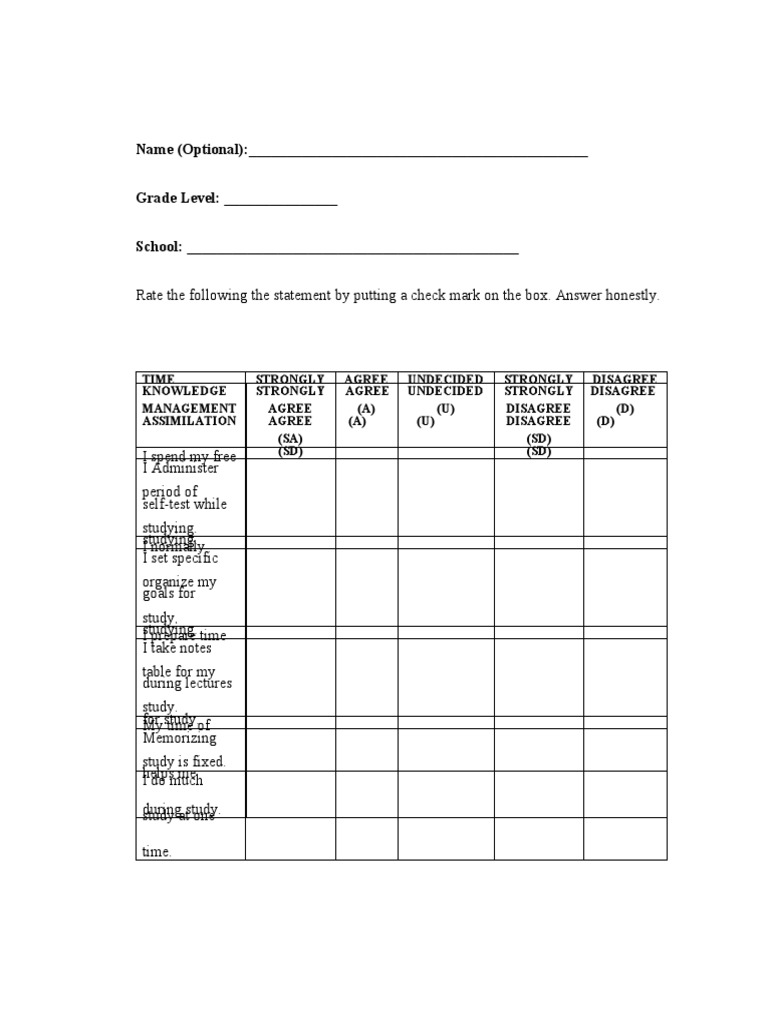 Name (Optional) : - Grade Level: - School | PDF