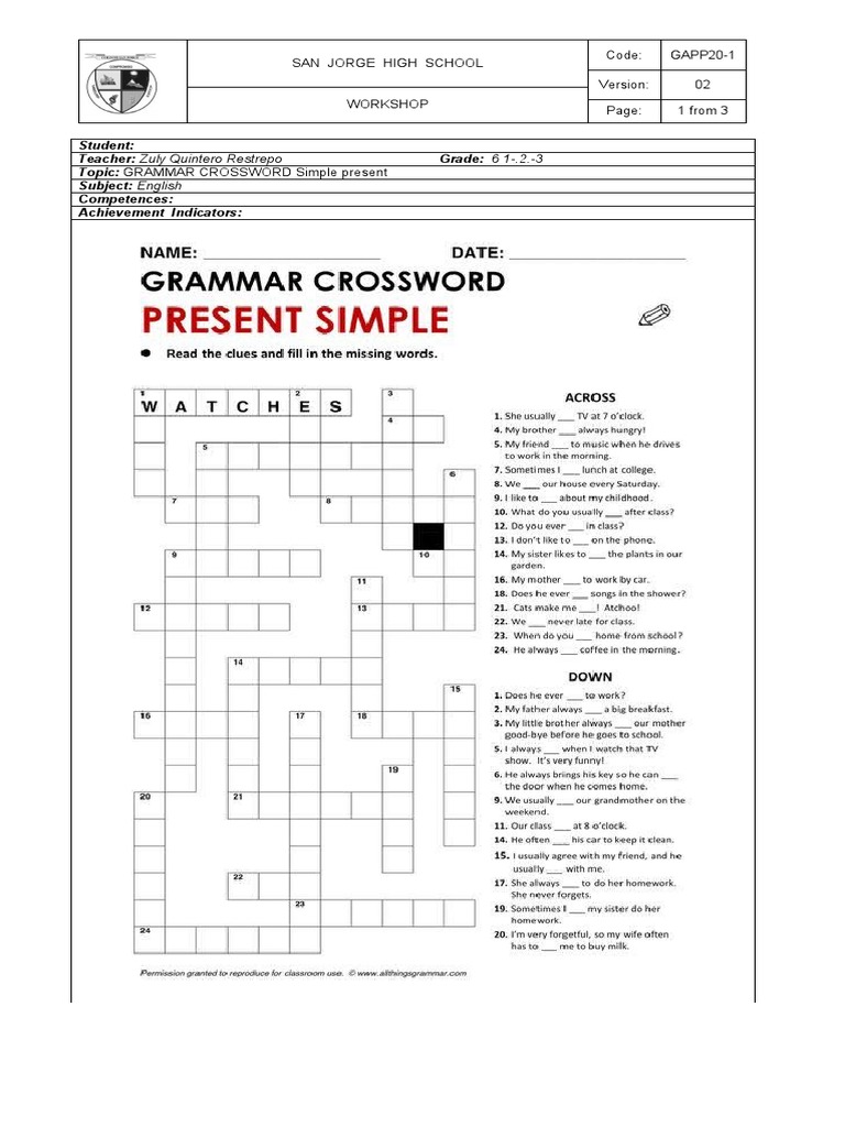 GRAMMAR CROSSWORD. Simple Present | PDF
