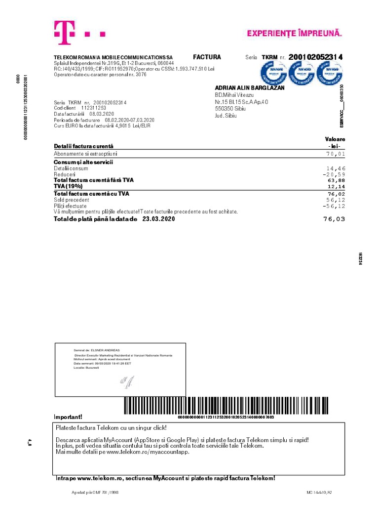 Factura: Telekom Romania Mobile Communications Sa | PDF | Service ...