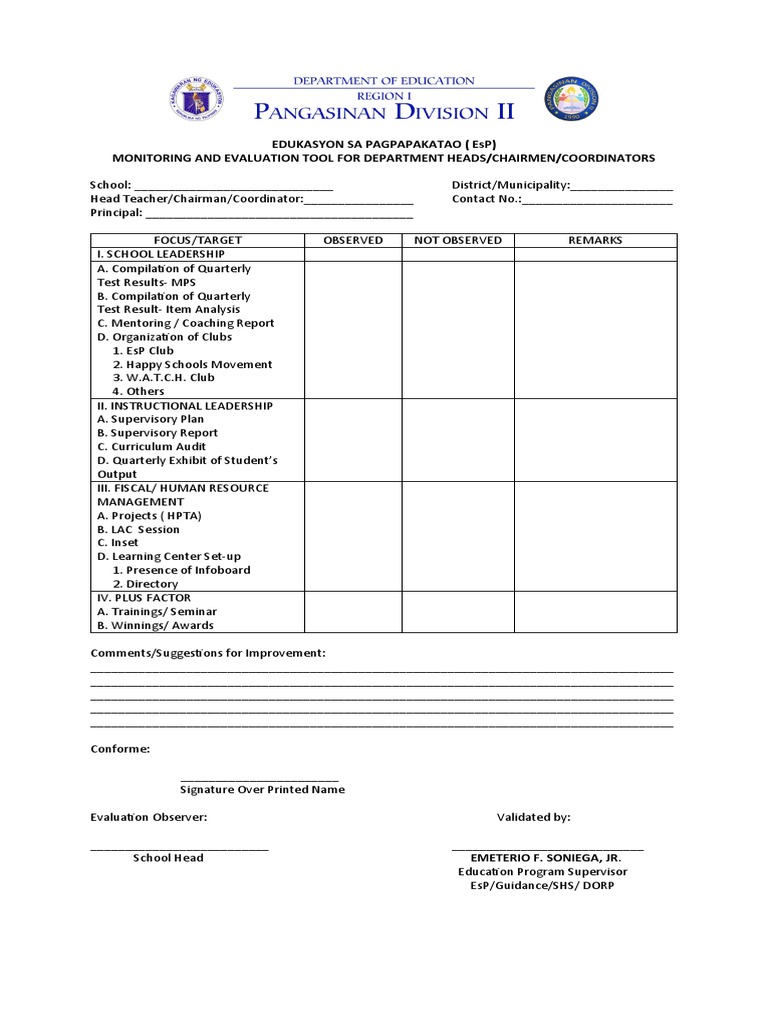Edukasyon Sa Pagpapakatao (Esp) Monitoring and Evaluation Tool For ...