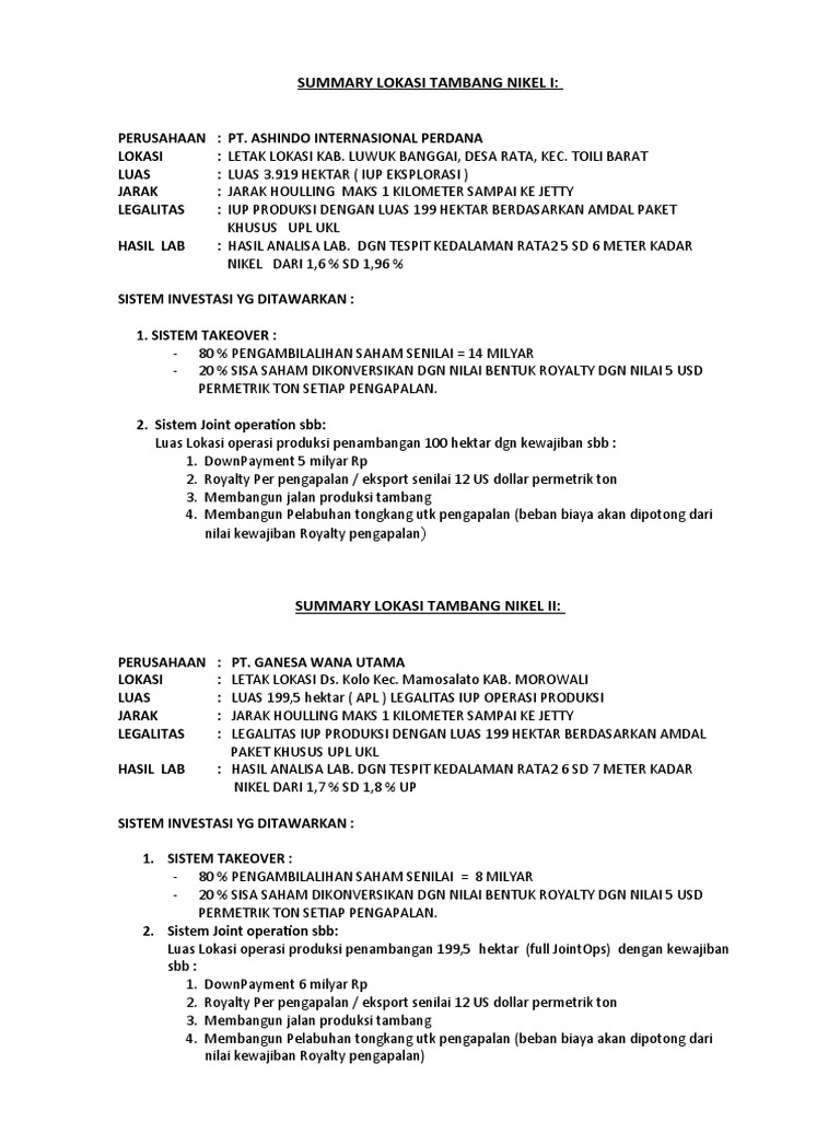 Summary Lokasi Tambang Nikel | PDF
