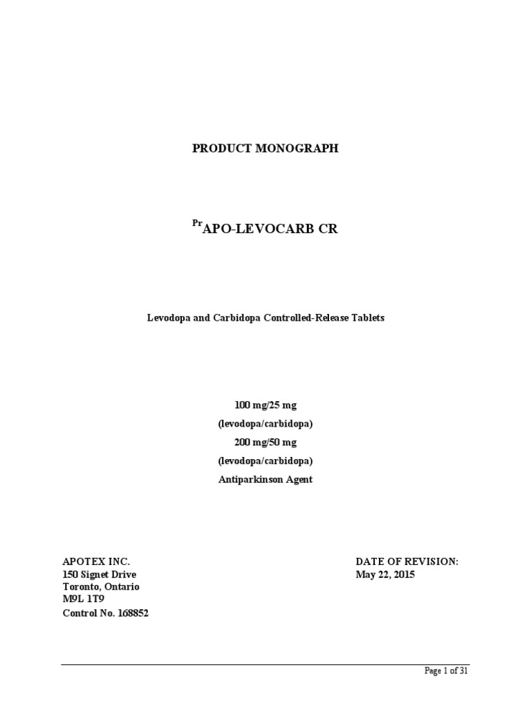 Apo-Levocarb CR: Product Monograph | PDF | Dose (Biochemistry) | Chemistry