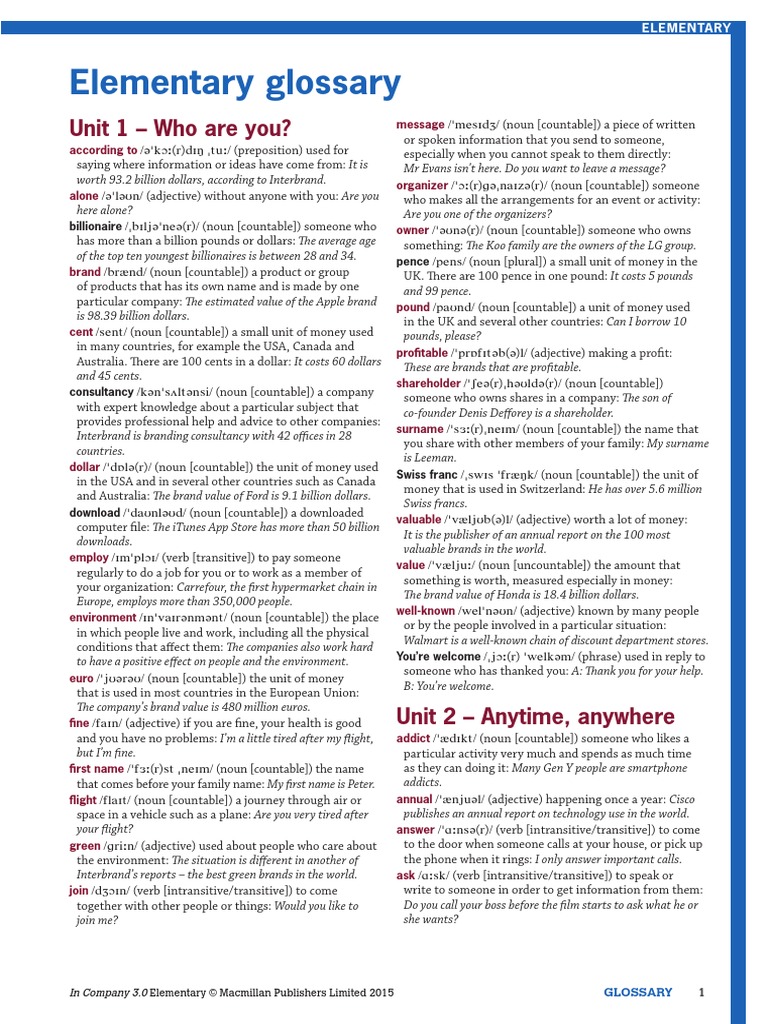 In Company 3.0 Elementary Glossary | PDF | Verb | Noun