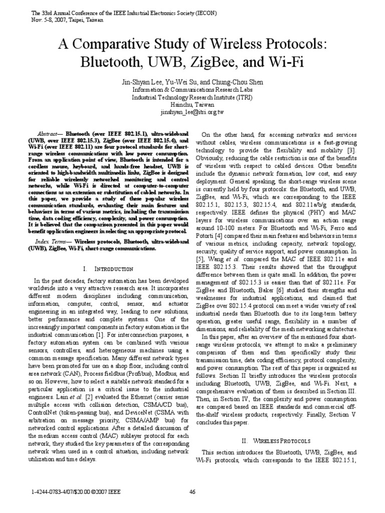 A Comparative Study of Wireless Protocols: Bluetooth, Uwb, Zigbee, and Wi-Fi | PDF | Wi Fi ...