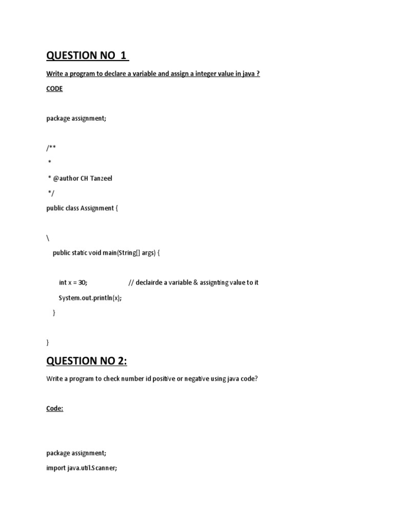 Question No 1: Write A Program To Declare A Variable and Assign A Integer Value in Java ? Code | PDF