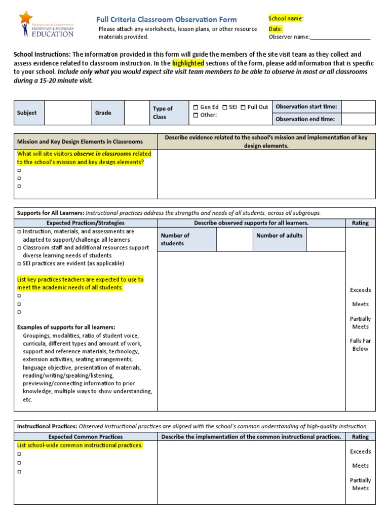 Full Criteria Classroom Observation Form: During A 15-20 Minute Visit ...