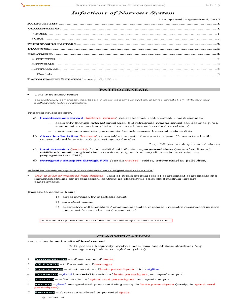 Inf1. Infections of Nervous System (GENERAL) | PDF | Meningitis | Infection
