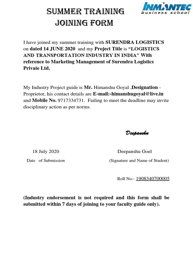 Summer Training Joining Form | PDF