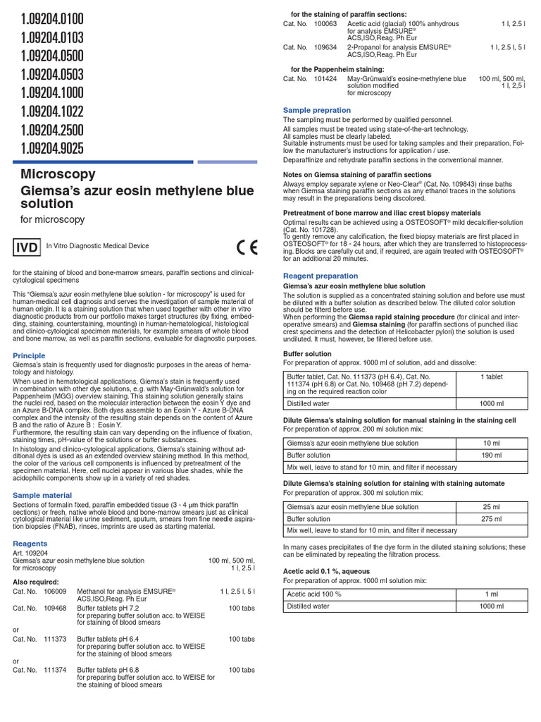 Microscopy Giemsa's Azur Eosin Methylene Blue Solution | PDF | Staining | Histology