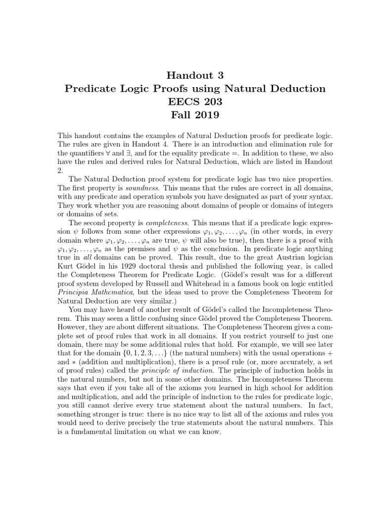 Handout 3 Predicate Logic Proofs Using Natural Deduction Eecs 203 Fall 2019 Pdf First Order